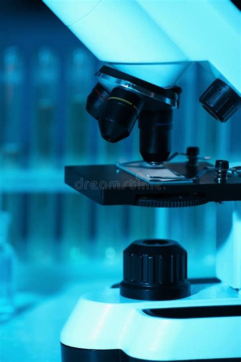 Modern Medical Microscope With Glass Slide In Laboratory Closeup Stock Image Image Of Biology