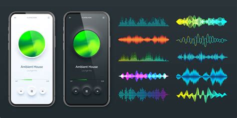 온라인 오디오 플레이어 사용자 인터페이스 스마트폰 앱 Ui 디자인 음악 미디어 스트리밍 및 청취 플랫폼 반응형 모바일 애플리케이션 뉴모피즘 다양한 음파 벡터 그림 3차원