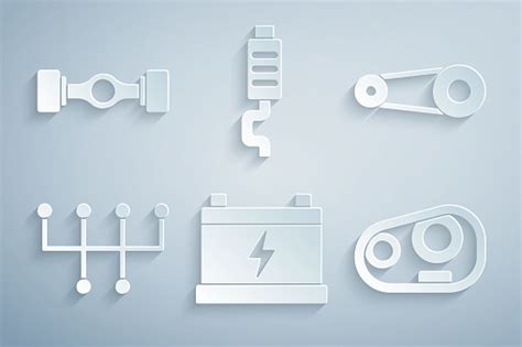 자동차 배터리 타이밍 벨트 키트 기어 시프터 헤드라이트 머플러 및 섀시 자동차 아이콘을 설정합니다 벡터 3차원 형태에 대한 스톡