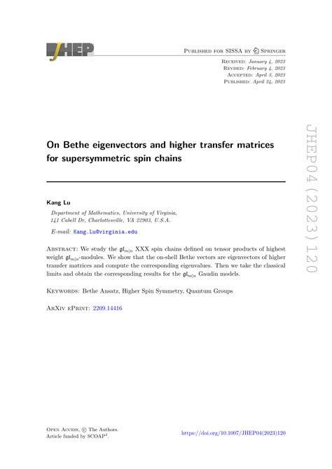 Pdf On Bethe Eigenvectors And Higher Transfer Matrices For