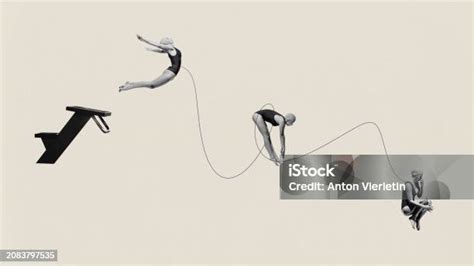 포스터 현대 미술 콜라주 다양한 포즈를 취하고 있는 흑백 다이버들이 검은 선으로 연결되어 있고 그 옆에는 분리되어 있다 다이빙에 대한 스톡 사진 및 기타 이미지 Istock
