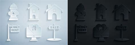 하트 모양 집 교수형 표지판 텍스트 임대료 판매 집 기호 및 소화전 아이콘으로 집을 가진 모니터를 설정합니다 벡터 3차원 형태에 대한 스톡 벡터 아트 및 기타 이미지