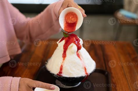 Korean Shaved Ice Dessert With Sweet Toppings Strawberry Bingsu On