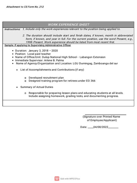 Cs Form No 212 Attachment Work Experience Sheet Pdf