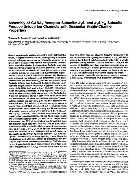 Pdf Assembly Of Gabaa Receptor Subunits Alpha 1 Beta 1 And Alpha 1 Beta 1 Gamma 2s Subunits