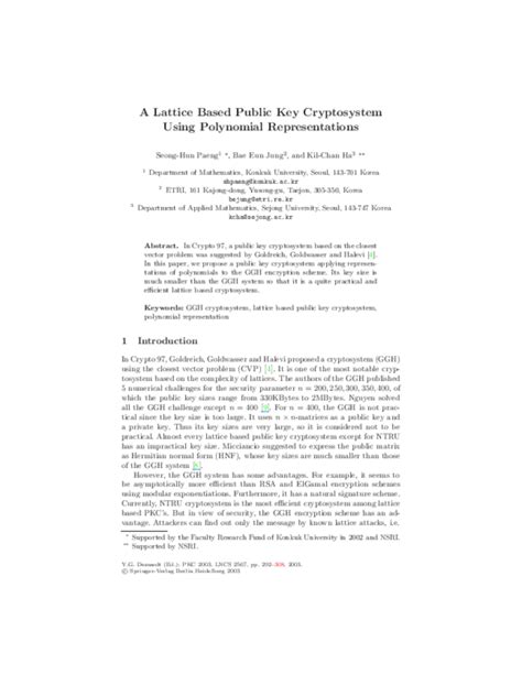Pdf A Lattice Based Public Key Cryptosystem Using Polynomial Representations