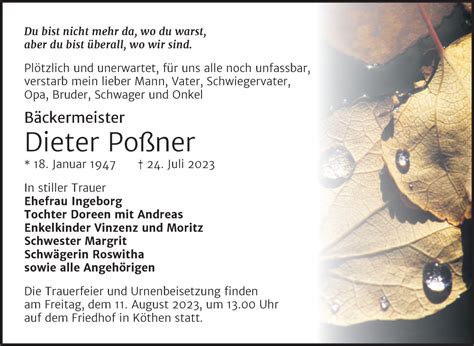 Traueranzeigen Von Dieter Poßner Abschied Nehmen De
