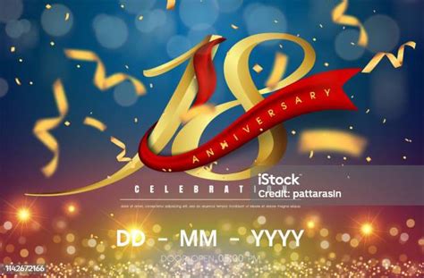 골드와 블루 배경 18 년 기념일 로고 템플릿 18 빨간 리본 벡터와 색종이 고립 된 디자인 요소와 황금 숫자를 축 하 18세기에 대한 스톡 벡터 아트 및 기타 이미지