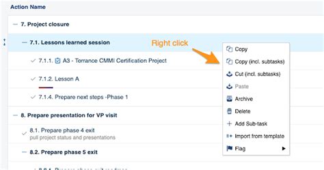how to copy action with subtasks in action list