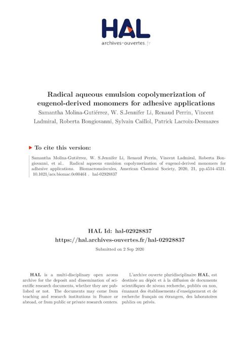 Pdf Radical Aqueous Emulsion Copolymerization Of Eugenol Manuscript · Radical Aqueous