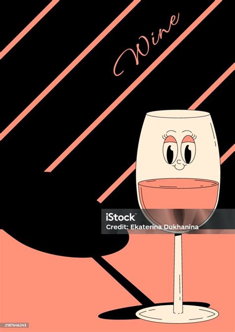 레트로 와인 축제 포스터 얼굴과 빈 공간이 있는 그루비 캐릭터 핑크 와인 잔 빈티지 벡터 일러스트 레이 션 70 년대 80 년대