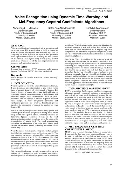 Pdf Voice Recognition Using Dynamic Time Warping And Mel Frequency Cepstral Coefficients