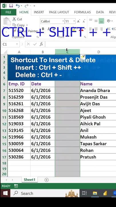 shortcut to insert rows and columns in excel 🔥🔥 shorts youtubeshorts