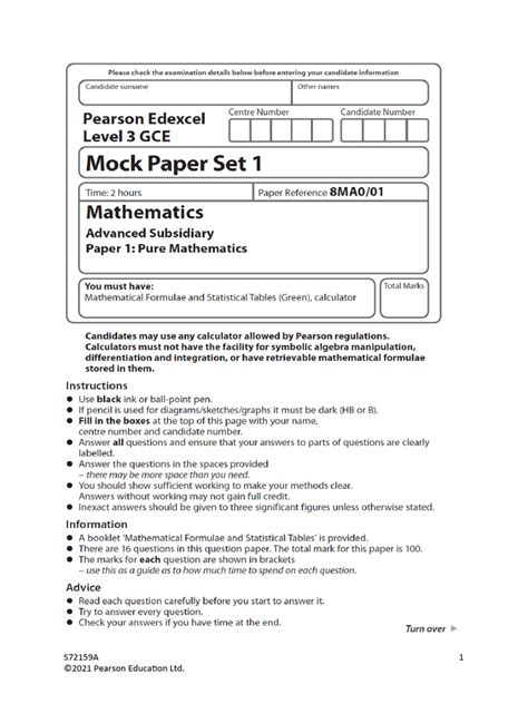 8ma0 01 As Maths Mock Set 1 Word Pdf Equations Cartesian Coordinate System