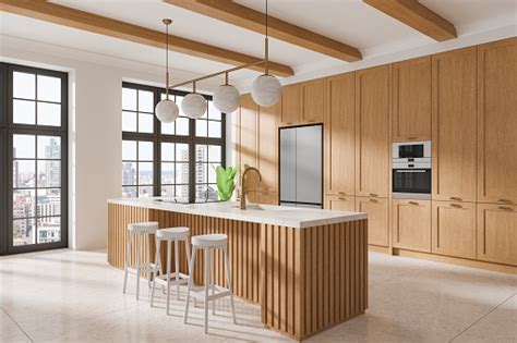 밝은 목재 캐비닛 대형 아일랜드 카운터 스툴이 있는 현대적인 주방 인테리어는 대형 창문과 도시 전망을 갖춘 홈 디자인입니다 3d 렌더링 0명에 대한 스톡 사진 및 기타