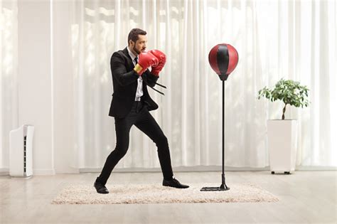 복싱 장갑을 착용 한 양복을 입은 남자는 집에서 스탠드 펀치 백으로 상자를 연습합니다 경영자에 대한 스톡 사진 및 기타 이미지 경영자 권투 스포츠 25 29세