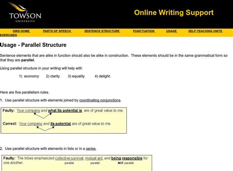 towson university online writing support usage parallel structure handout for 9th 10th grade