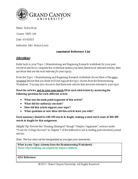 Annotated Reference List Assignment Name Robin Ross Course Unv