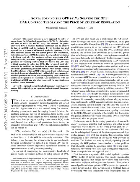 Pdf Sorta Solving The Opf By Not Solving The Opf Dae Control Theory And The Price Of Realtime