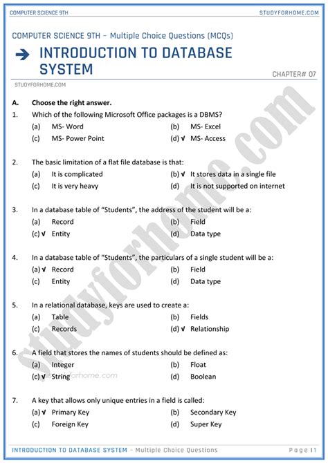 Introduction To Database System Mcqs Computer Science 9th