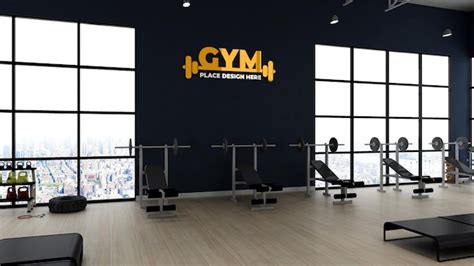 Макет логотипа тренажерного зала в современном тренажерном зале Премиум Psd Файл