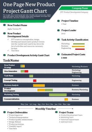 One Page New Product Project Gantt Chart Presentation Report Infographic PPT PDF Document