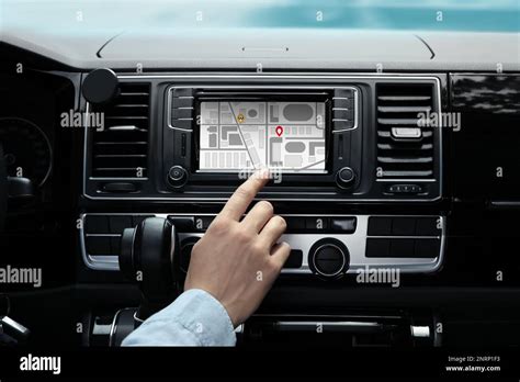 Man Using Navigation System While Driving Car Closeup Stock Photo Alamy