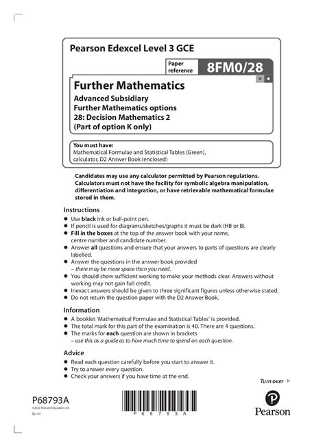 Pearson Edexcel Level 3 Gce Further Mathematics Advanced Subsidiary Further Mathematics Options