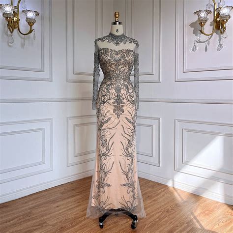Serene Hill Grey Nude Elegant Mermaid Sexy Lace Beaded Luxury Evening