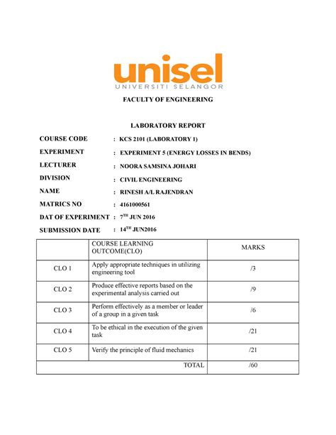Exp Fluids Complete Lab Faculty Of Engineering Laboratory Report Course Code Experiment