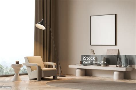 벤치 위에 사각형 포스터가있는 베이지 색 거실 모서리 보기입니다 0명에 대한 스톡 사진 및 기타 이미지 0명 3차원 형태 가구 Istock