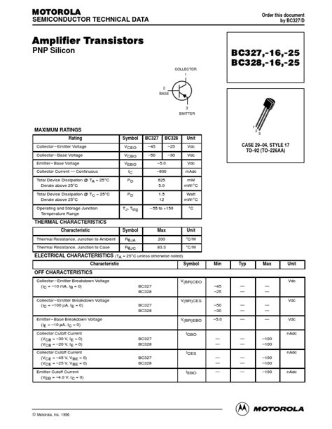 Bc327 16 Datasheet Amplifier Transistors Motorola Semiconductor