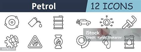 휘발유 세트 아이콘입니다 오일 배럴 연료 방울 화재 위험 가스 탱크 배관 시스템 자동차 연료 소비 경고 신호 실험실 테스트 에너지 저장 산업 도구 자원 가솔린에 대한 스톡