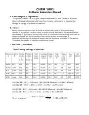 Enthalpy Lab Report Docx CHEM Enthalpy Laboratory Report A Goals Purpose Of Experiment