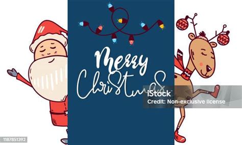 산타 클로스와 순록의 벡터 그림입니다 텍스트에 대한 장소 포스터 전단지 브로셔 인사말 카드 웹 배너 보드 엽서 종이 인쇄를위한 손 그리기 라인 아트 디자인 12월에 대한