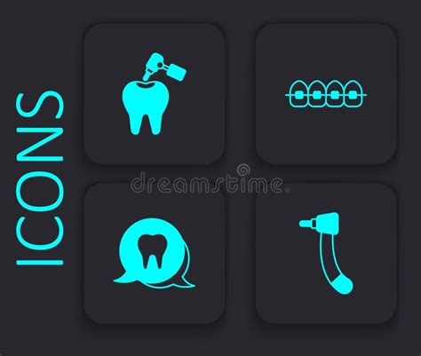 Set Tooth Drill With Caries And Teeth Braces And Icon Black Square