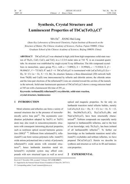 Synthesis Crystal Structure And Luminescent Properties Of Tbcu