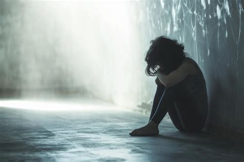 Woman Sitting On Floor In Dark Room Loneliness Concept Female Isolated