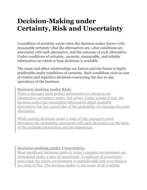 Decision Making Under Certainty Uncertainty And Risk Decision