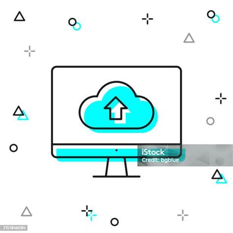 데스크톱 컴퓨터에서 클라우드 업로드 흰색 배경에 선 아이콘 개념에 대한 스톡 벡터 아트 및 기타 이미지 개념 검은색 공란