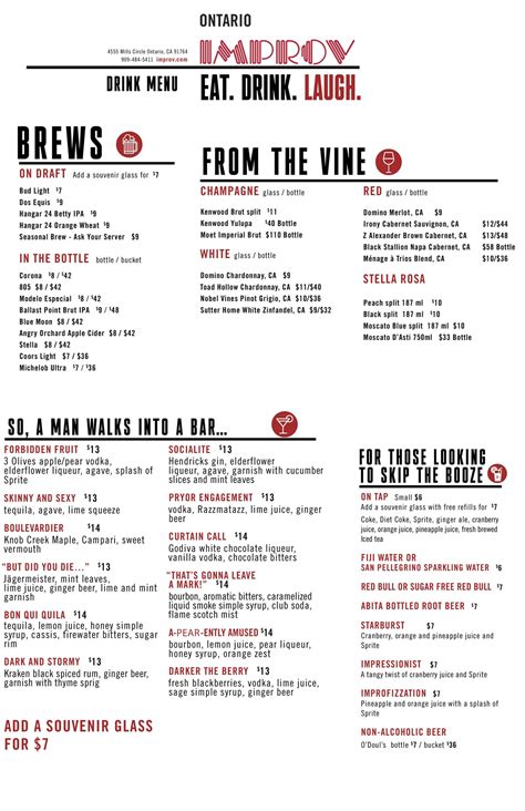 Ontario Improv Food And Drink Menus