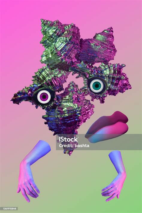 고대 동상 세부 사항 눈 손과 바다 조개와 현대 창조적 인 이미지 조개 껍질 게 발톱 초현실적 인 스타일의 입술에서 이상한 사람과 콜라주 현대 미술 포스터 해양 신화