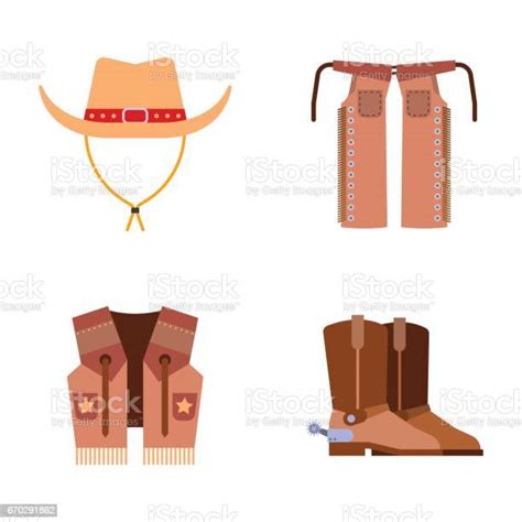 와일드 웨스트 요소 설정 아이콘 카우보이 로데오 장비 및 다른 액세서리 벡터 일러스트 레이 션 스키 조끼에 대한 스톡 벡터 아트