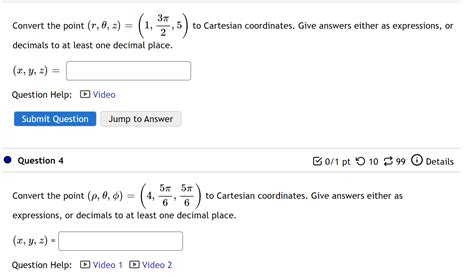 Solved Convert the point r θ z 1 23π 5 to Cartesian Chegg com