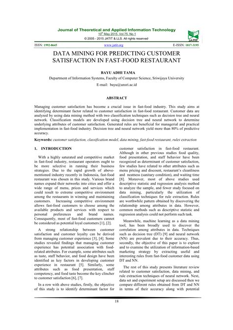 Pdf Data Mining For Predicting Customer Satisfaction In Fast Food
