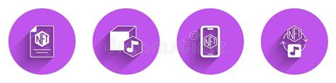 Set Nft Contract Digital Crypto Art Mobile With Store App And Icon With Long Shadow Vector