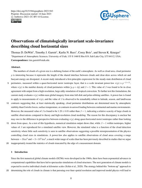 Pdf Observations Of Climatologically Invariant Scale Invariance Describing Cloud Horizontal Sizes
