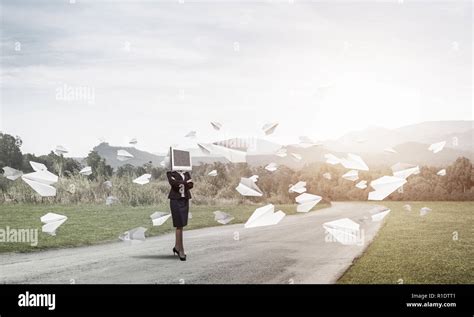 Business Woman With Monitor Instead Of Head Stock Photo Alamy