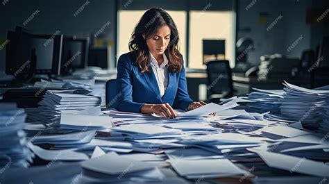 Premium Photo Businesswoman Sorting Piles Of Papers In Office