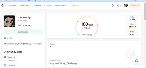 Kusuma Sriya Chagarlamudi On Linkedin Leetcode Milestone